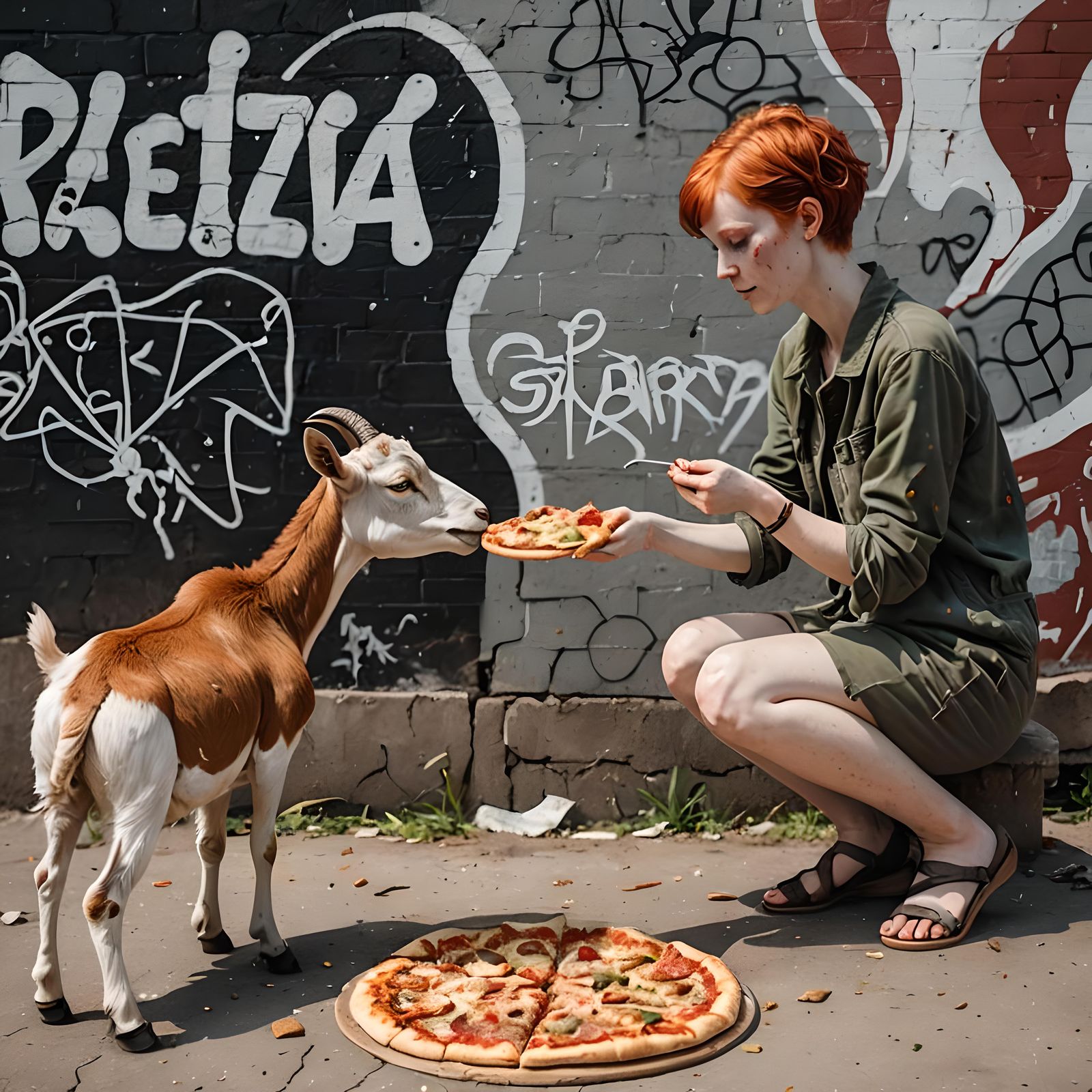 Barefoot redhead girl with a pixie cut feeding pizza to a goat, horror graffiti - AI Generated ...