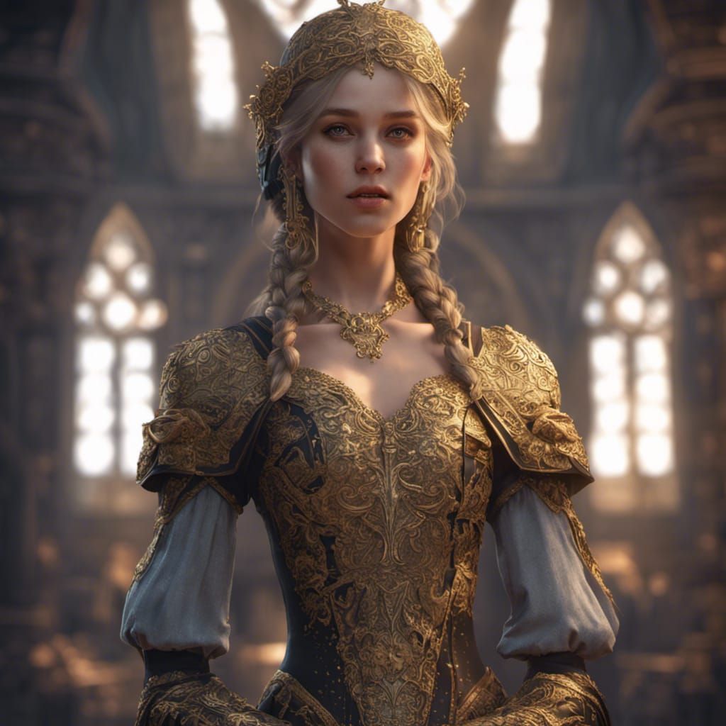 beautiful girl with medieval dress intricated with gold shining, bowing ...