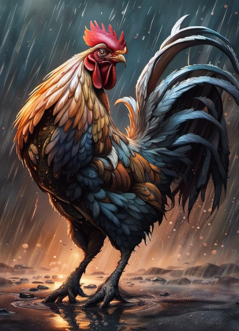 Post-apocalyptic battle rooster with rippled muscles in the rain ...