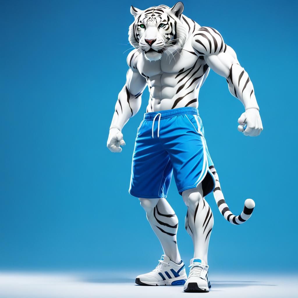 handsome muscular humanoid white tiger standing, wearing bright blue ...