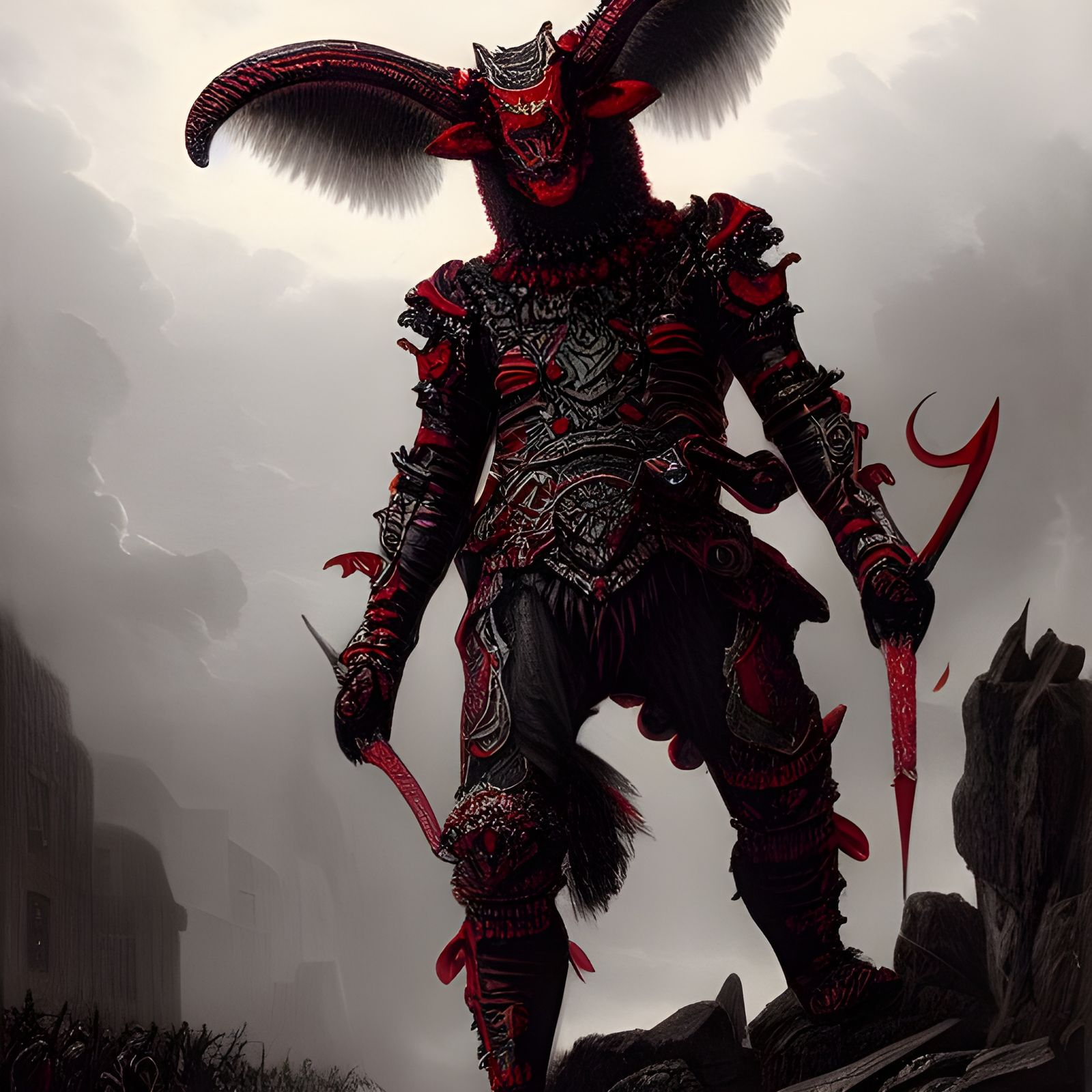 Billy Goat Demon, Intricately Designed Black and Red Armor, Photograph ...