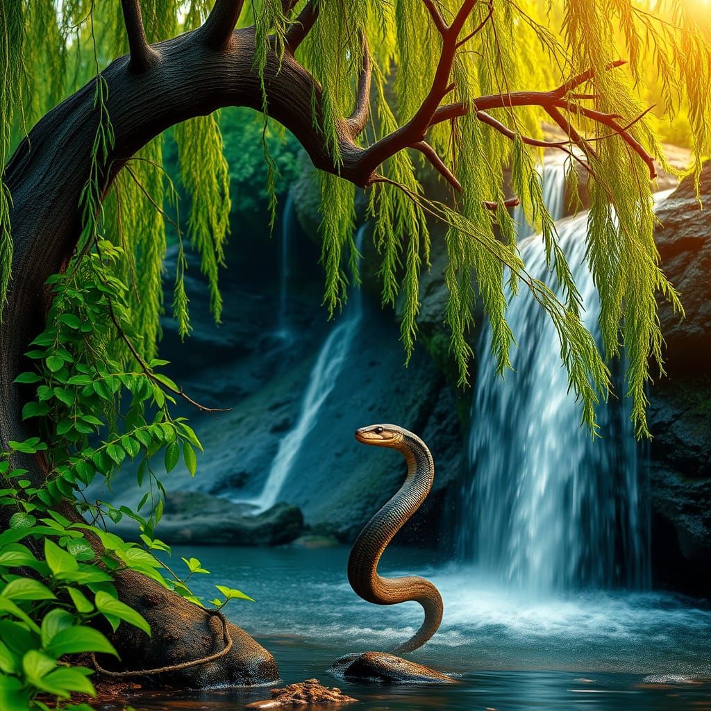 a beautiful kiwi vine upon a willow tree next to a stream where a ...