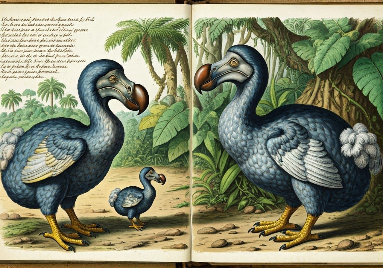 An amazing family of dodo birds in La Réunion wandering through an the ...