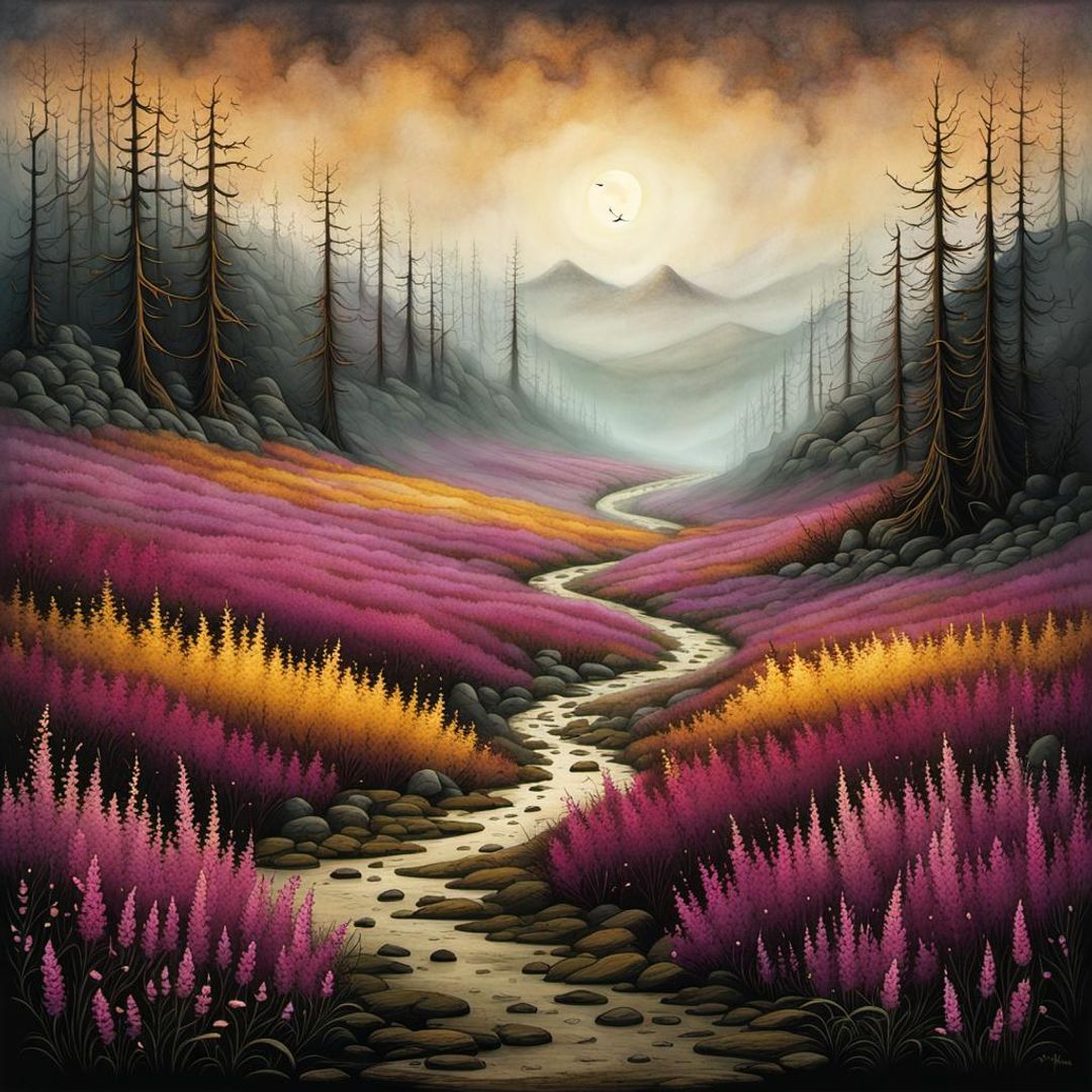 Crimson red, forest green, ivory dress. amidst bri... - AI Art