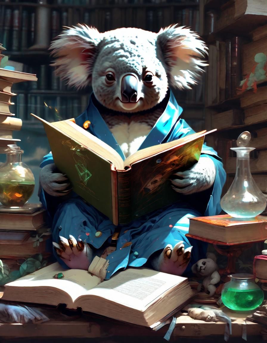 lazy and cute koala wearing wizard robes, front facing, potions and ...
