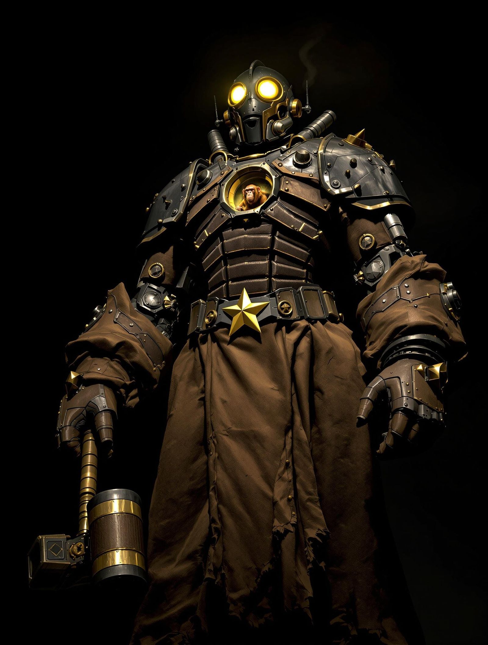 A towering, steampunk-inspired automaton dominates the scene. Its ...