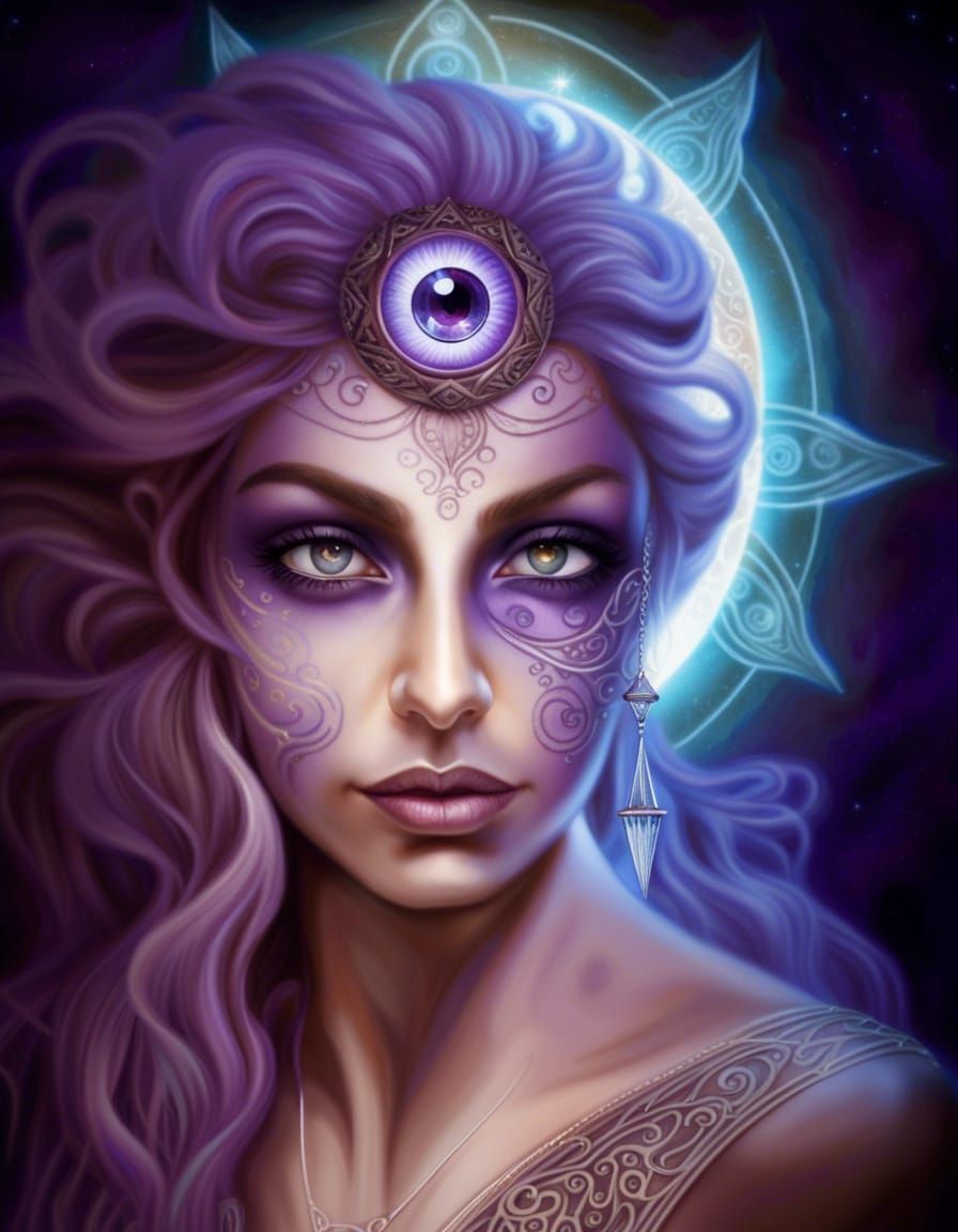 luminate purple light third eye, moon goddess, sorcerer, hyperrealistic ...