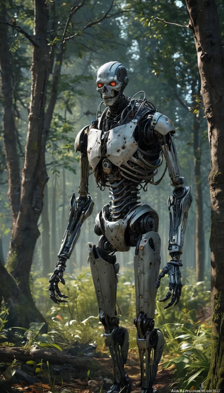 Cyborg Horror Creature in Surrealist Battlefield - AI Art