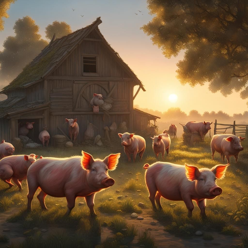 Farm life animals pigs cows chickens light at dawn watercolors 8k ...
