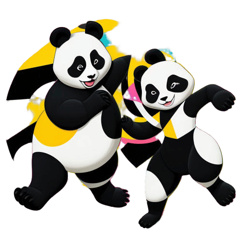 Two cute pandas, smiling and laughing, cartoon illustration.