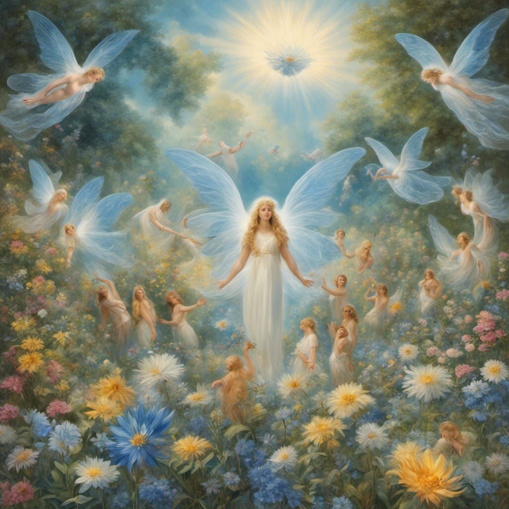 Many photorealistic celestial beings with blue translucent skin fly ...