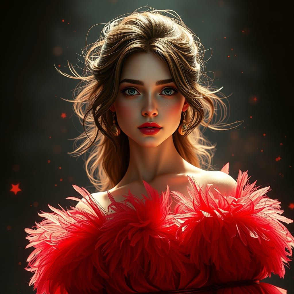 A woman in a fluffy red dress - Ethereal Red Goddess in Fluf...