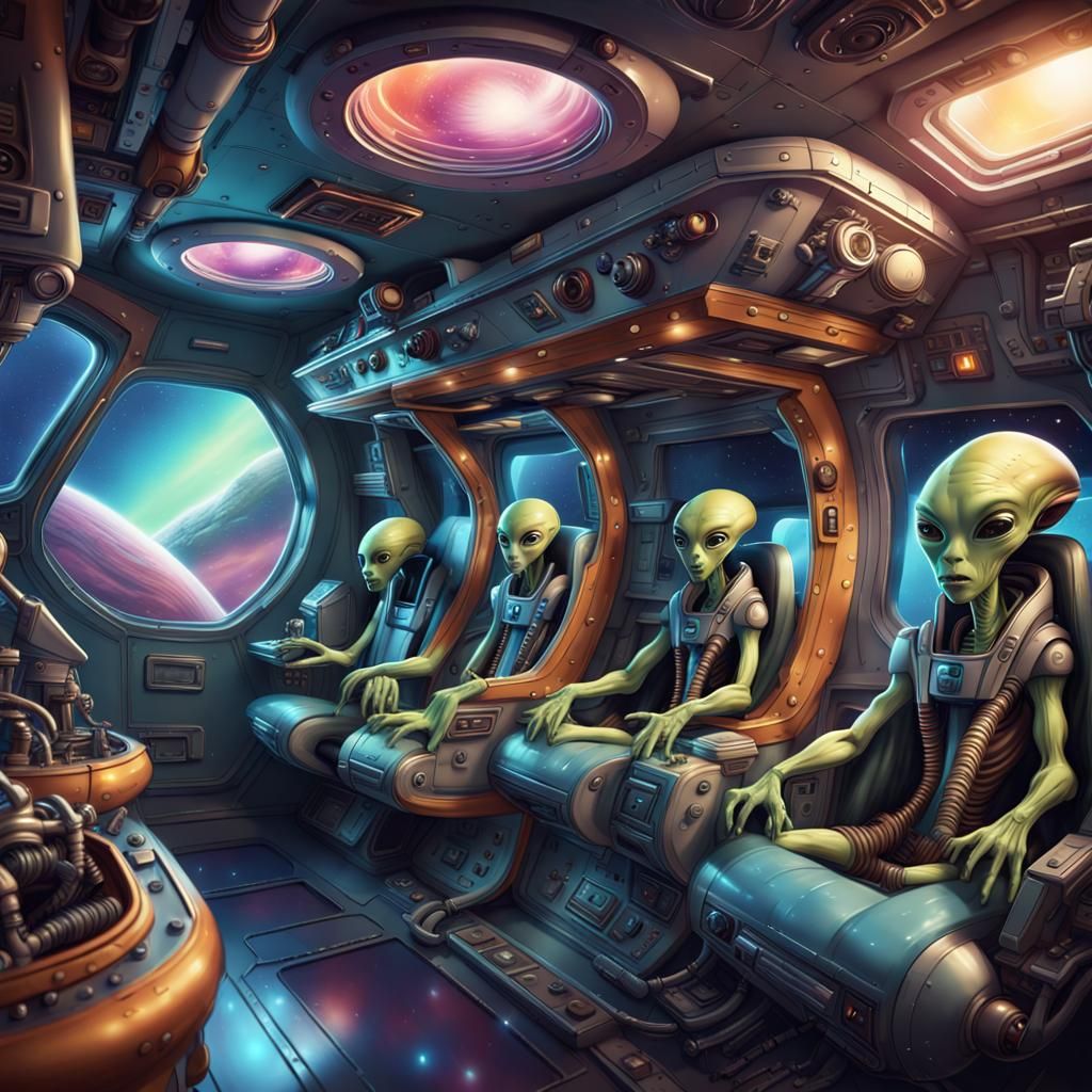 Digital Cartoon aliens hanging out in their spaceship. living quarters ...