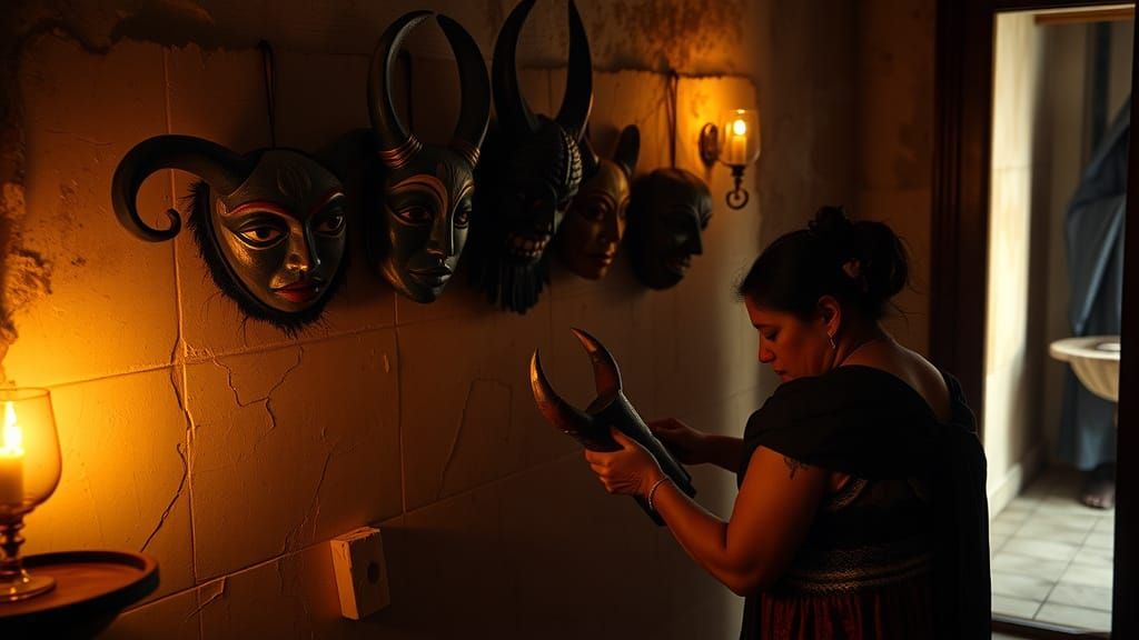 Ethereal Oaxacan Masks in a Crumbling Temple - AI Art