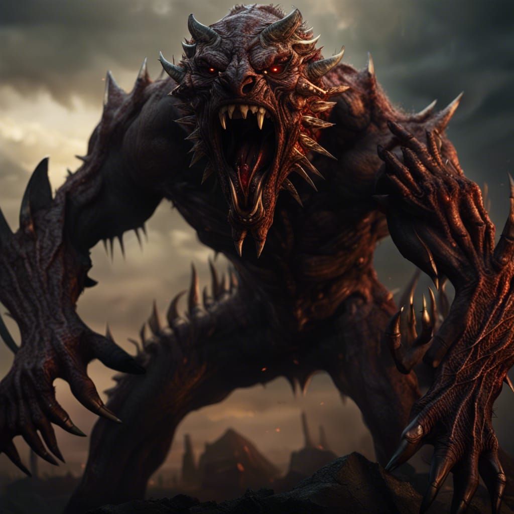 Muscular brown-skinned barebody monster roaring, with fangs and red ...