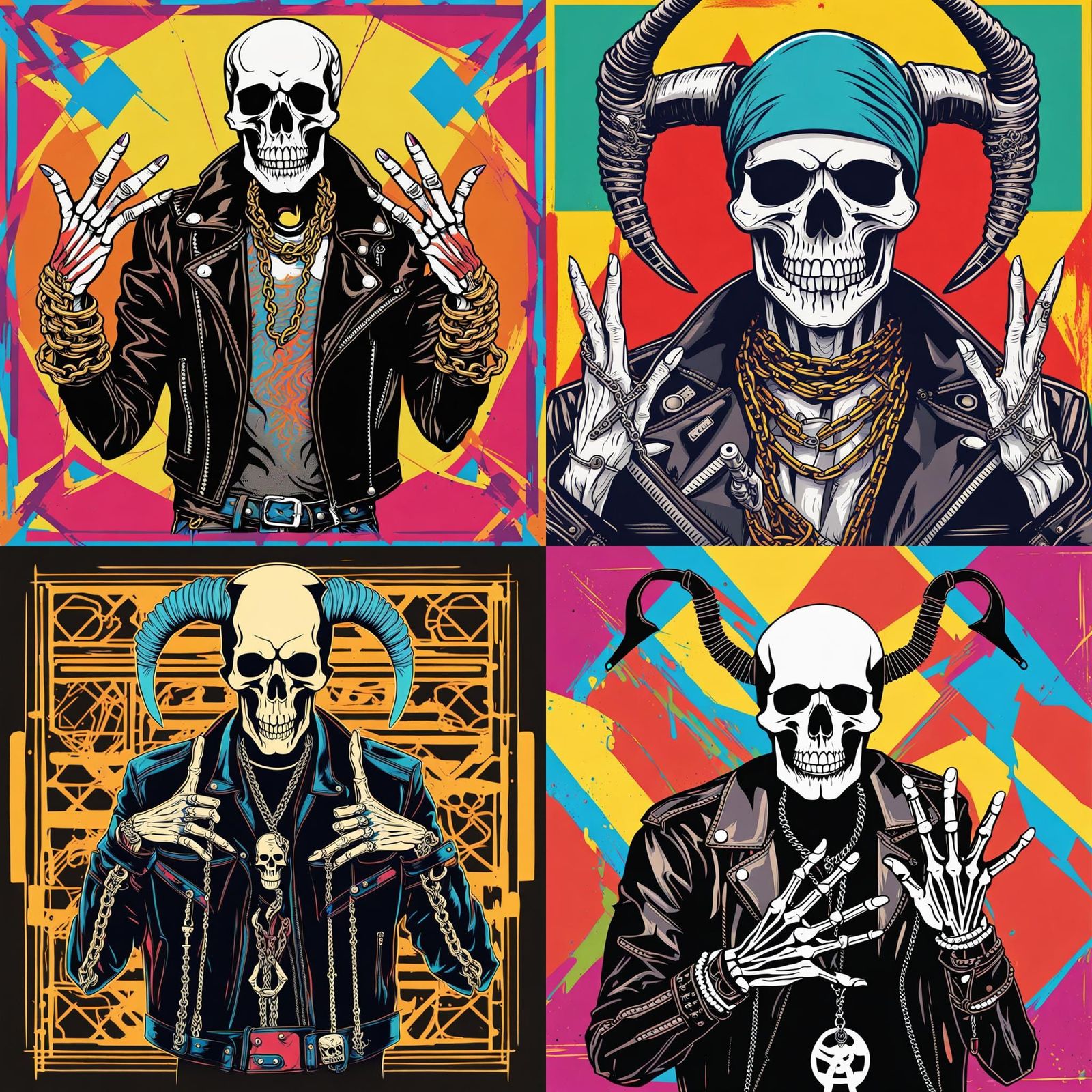 A skeleton of a metalhead doing the sign of the horns with his hands ...