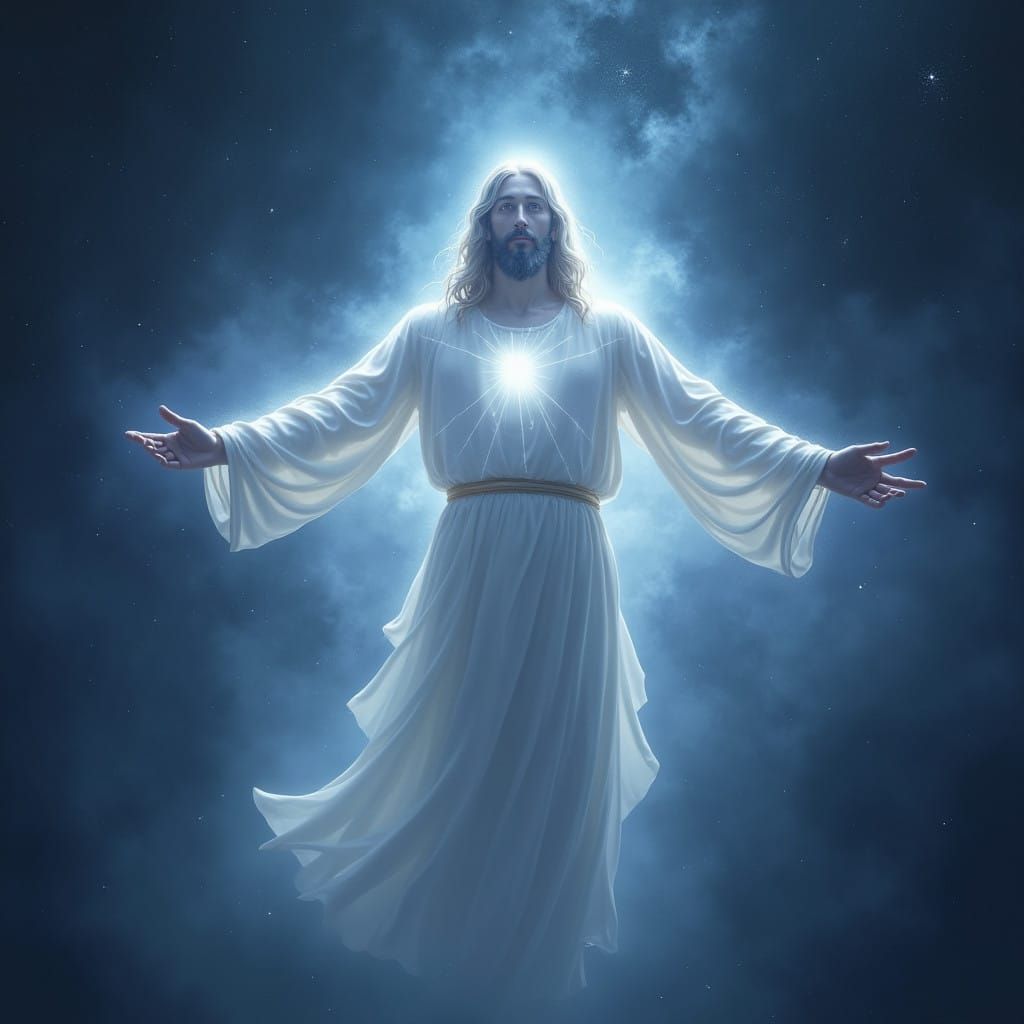 Ethereal Jesus Christ Manifests in Deep Blue Outer... - AI Art