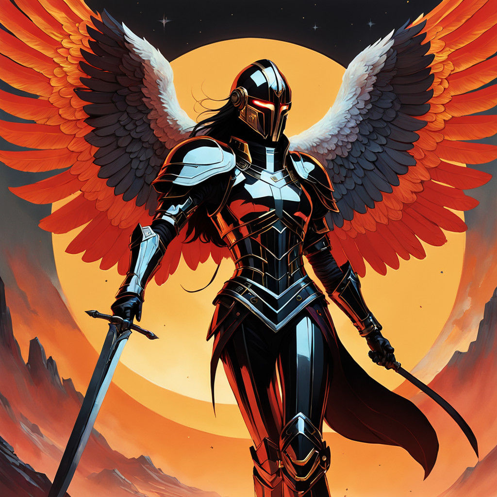 A fearsome, divine warrior angel, clad in black and red metallic armor ...