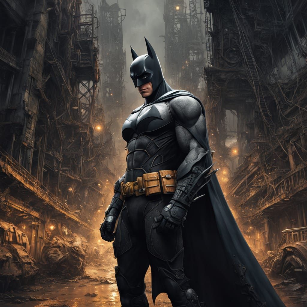 Batman in Industrial Gotham Cityscape with Gritty ... - AI Art