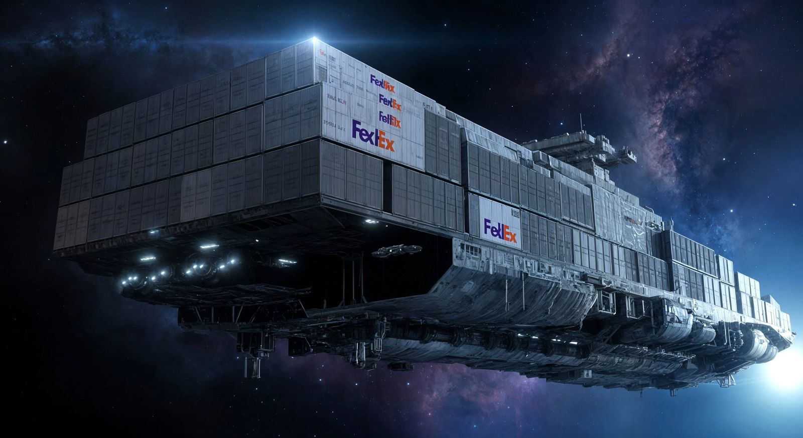 enormous cargo spacecraft, rows and columns of cargo containers line ...