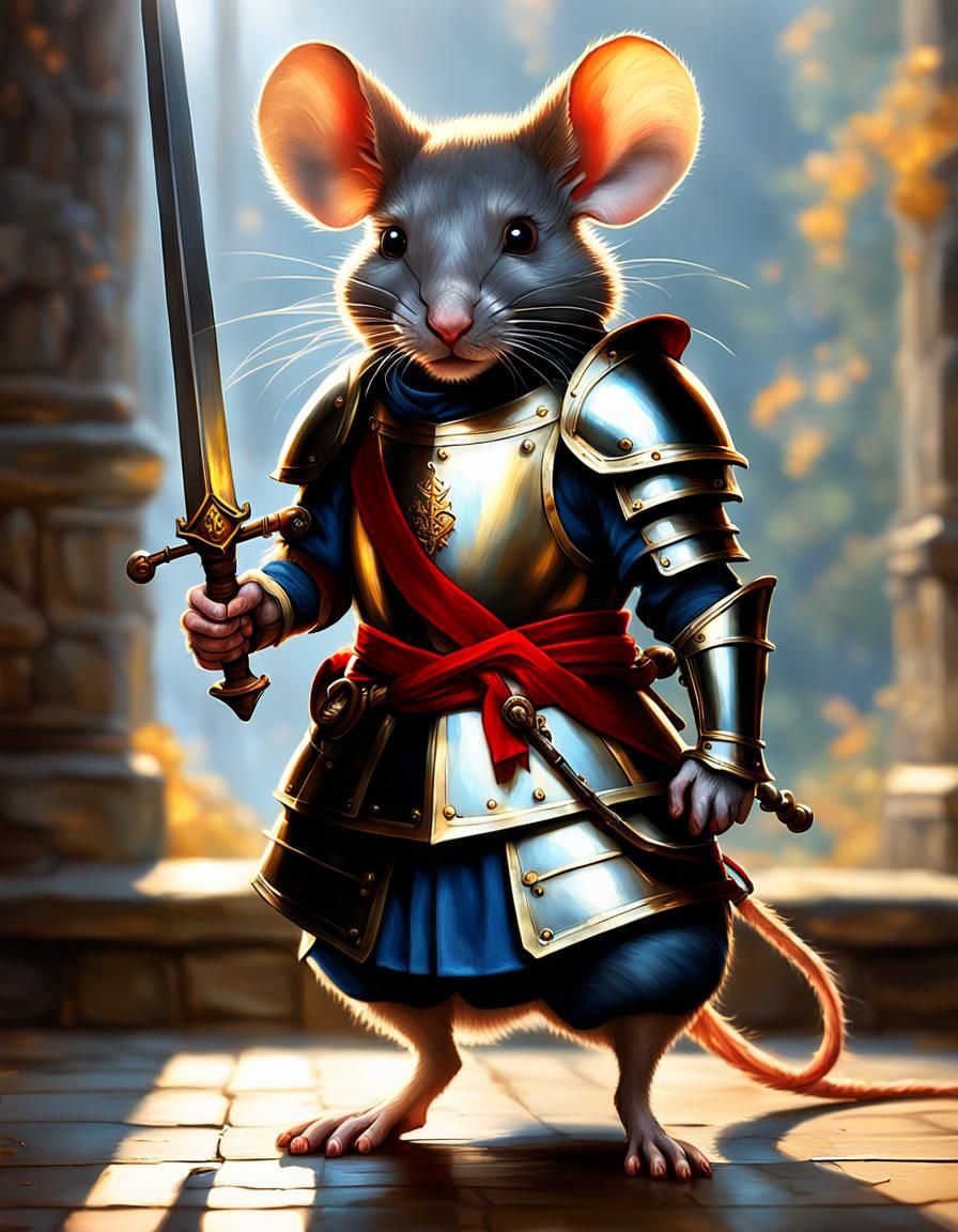 Mice wearing knight armor with a red sash on the hip and sword in sword ...