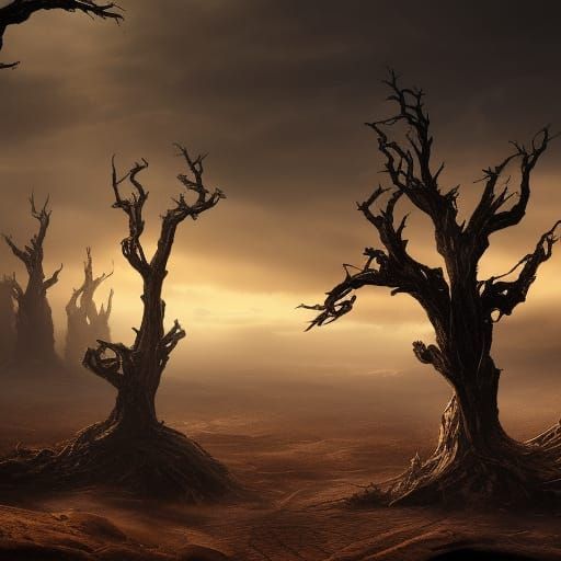 Cinematic fantasy landscape, dark desert, decaying trees, amazingly ...