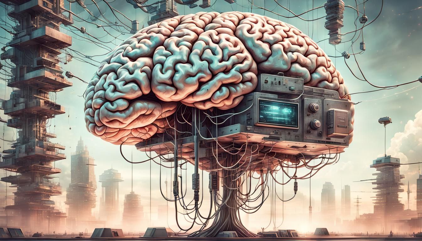 A giant brain with wires hanging from it is floating suspended in the ...