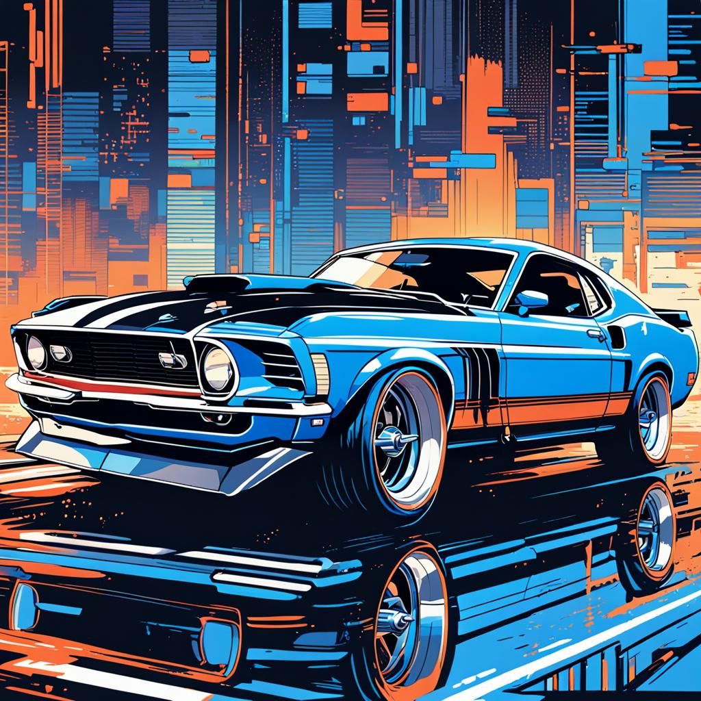 Computer code, Blue Pixelation, computer glitches, 1969 Mustang Mach 1 ...