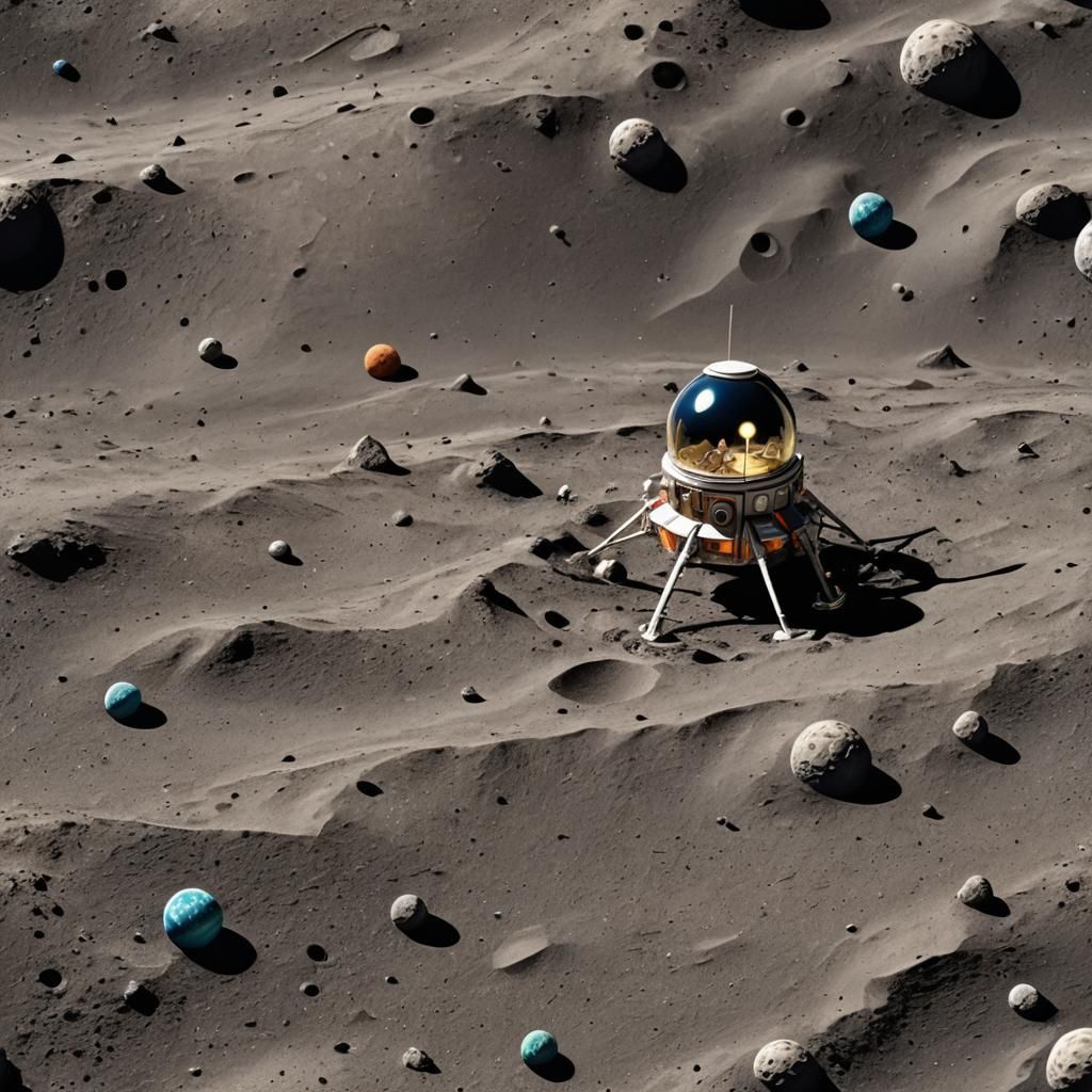 miniature spaceship on the moon surface, starry night sky with planets ...