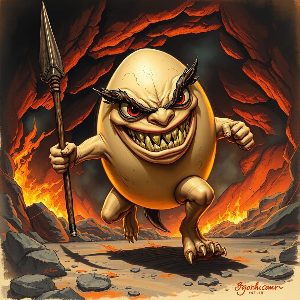 Beige Egg Creature in Fierce Battle Stance - AI Art