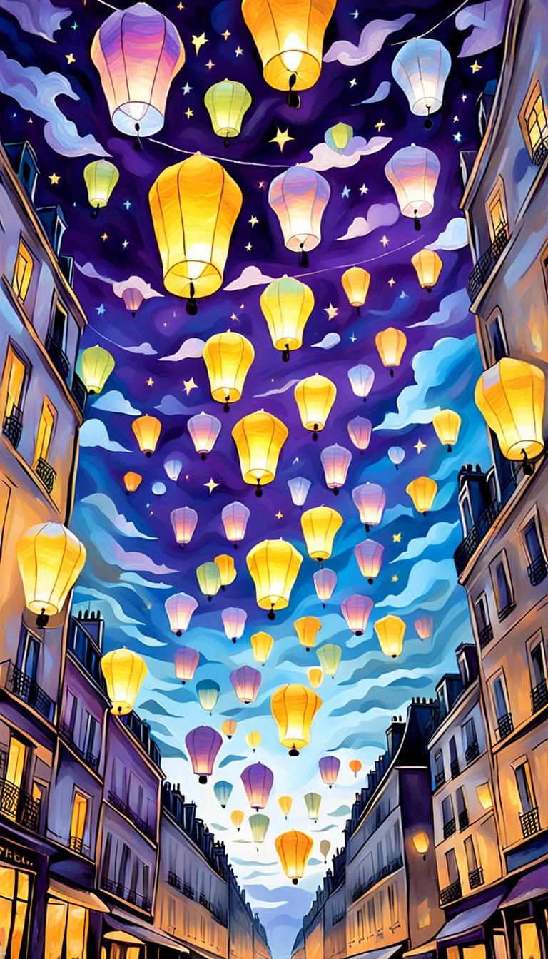 holographic layers of luminous paper lanterns rising up in the Parisian ...
