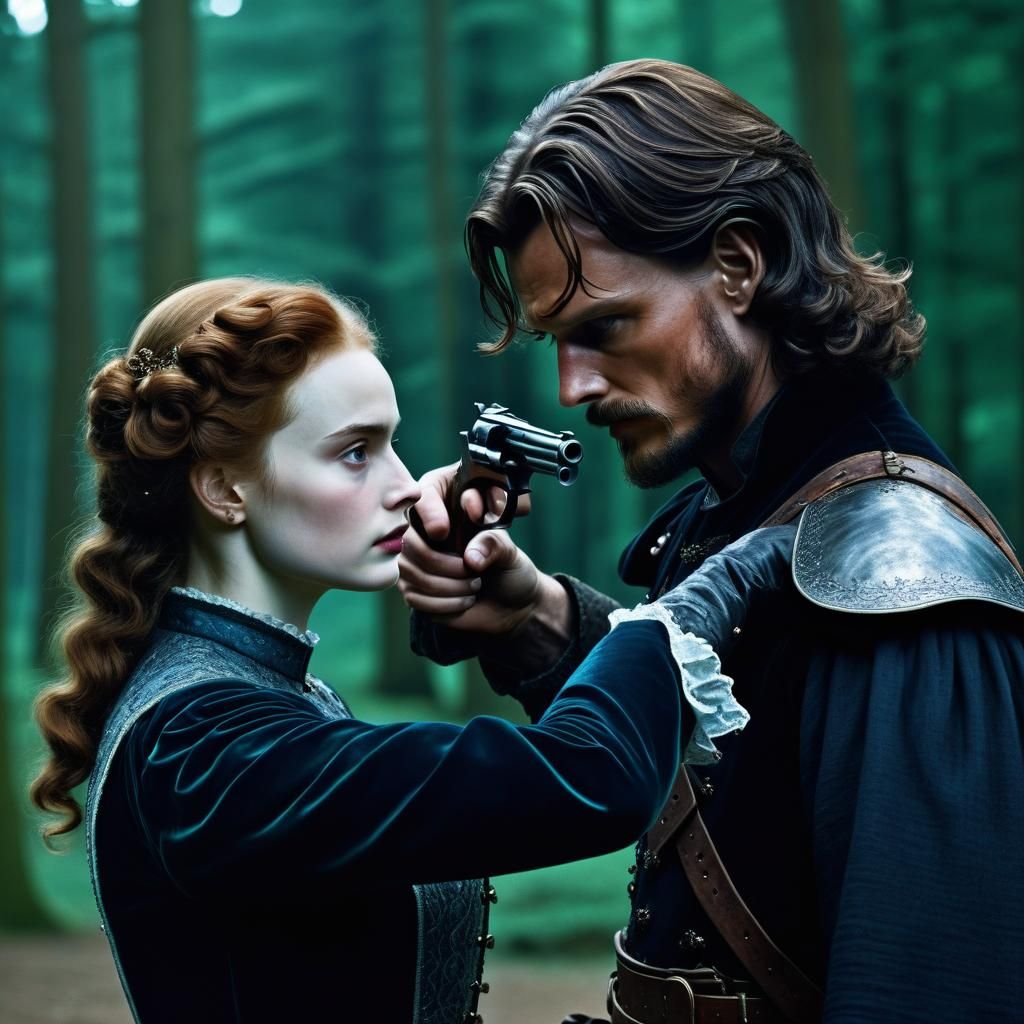 Athos point his gun at the beautiful Milady's forehead. 1625 era. dark ...