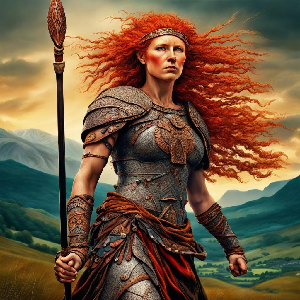 flame haired Boudica queen of Iceni tribe,,,spear in hand,leading ...