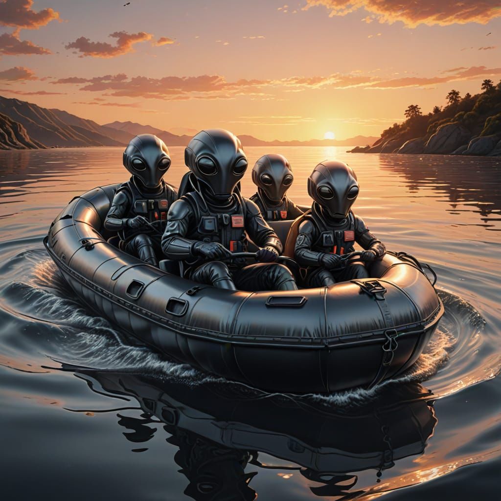 Cute aliens are sitting inside an inflatable life boat. Floating on the ...