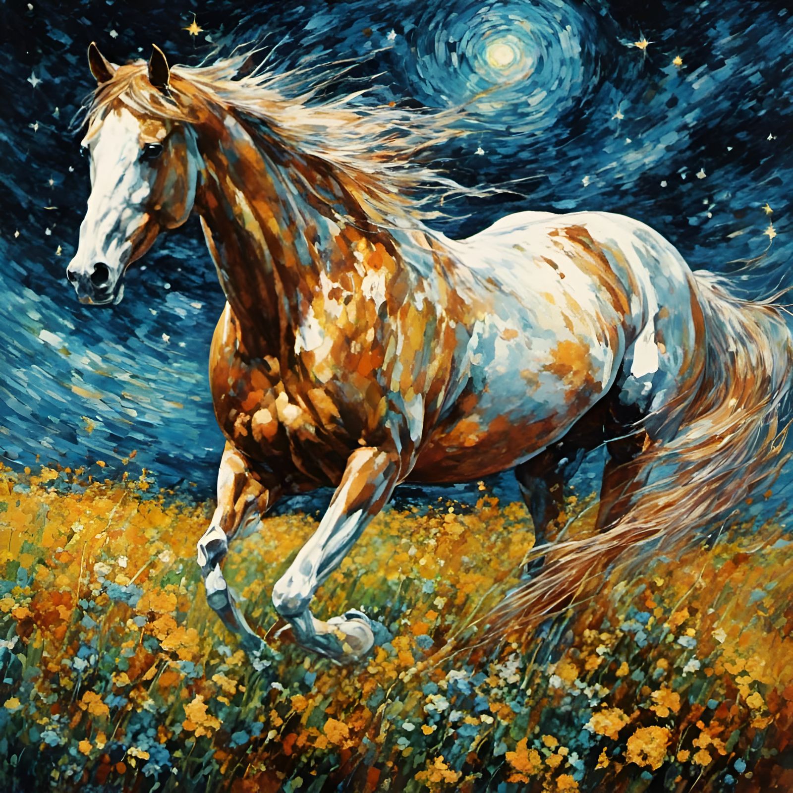 Beautiful horse galloping through the stars of Van Gogh - AI Generated ...