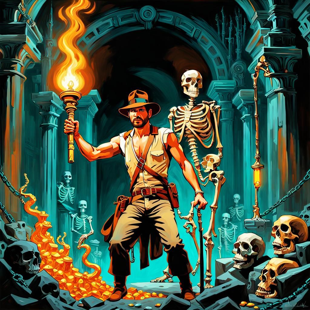 An expressionist digital painting depicts Indiana Jones holding a ...