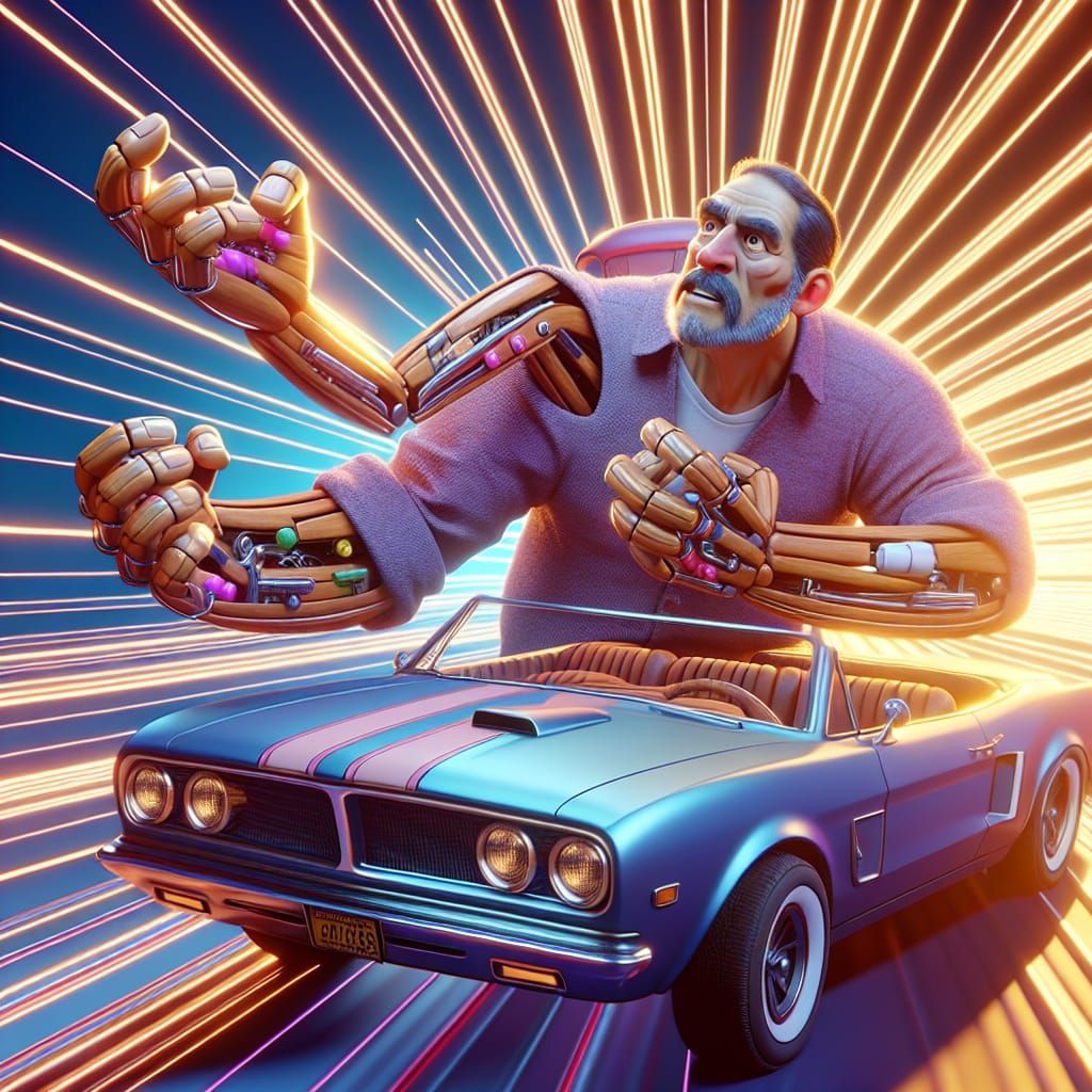 a man with pinball flipper arms trying to drive a convertible - AI ...