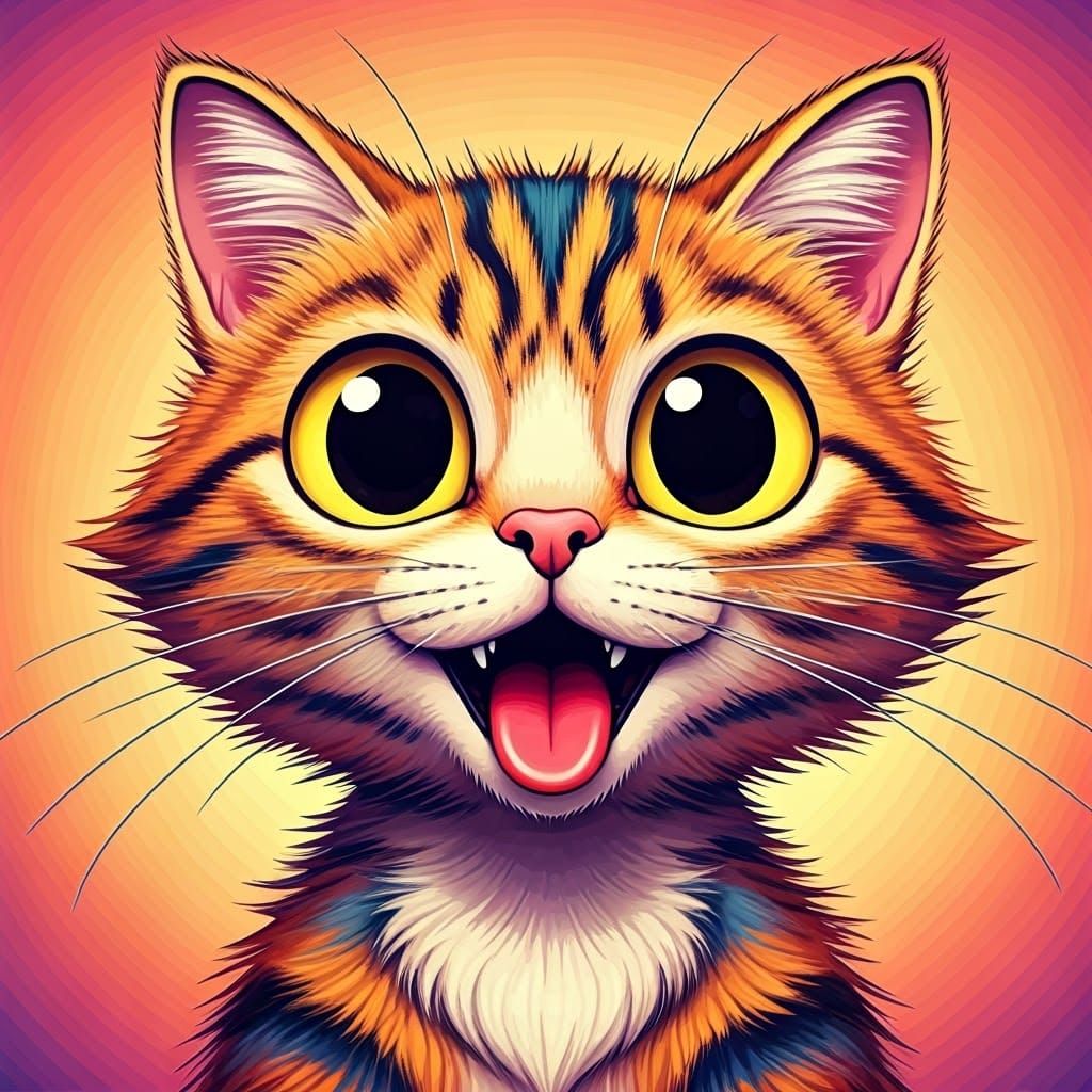 A cartoon cat with exaggerated eyes,