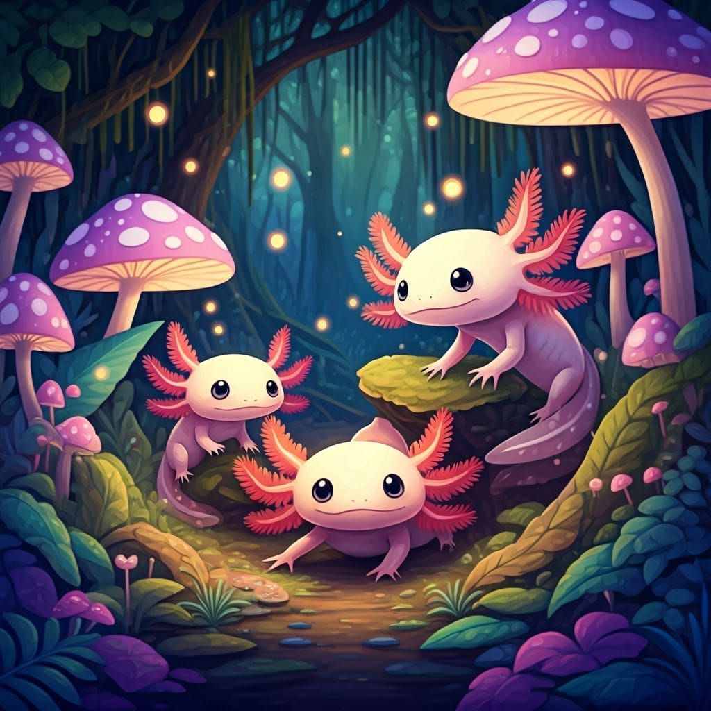 Harem of Axolotls - Whimsical Chibi Axolotl Gathering in a D...