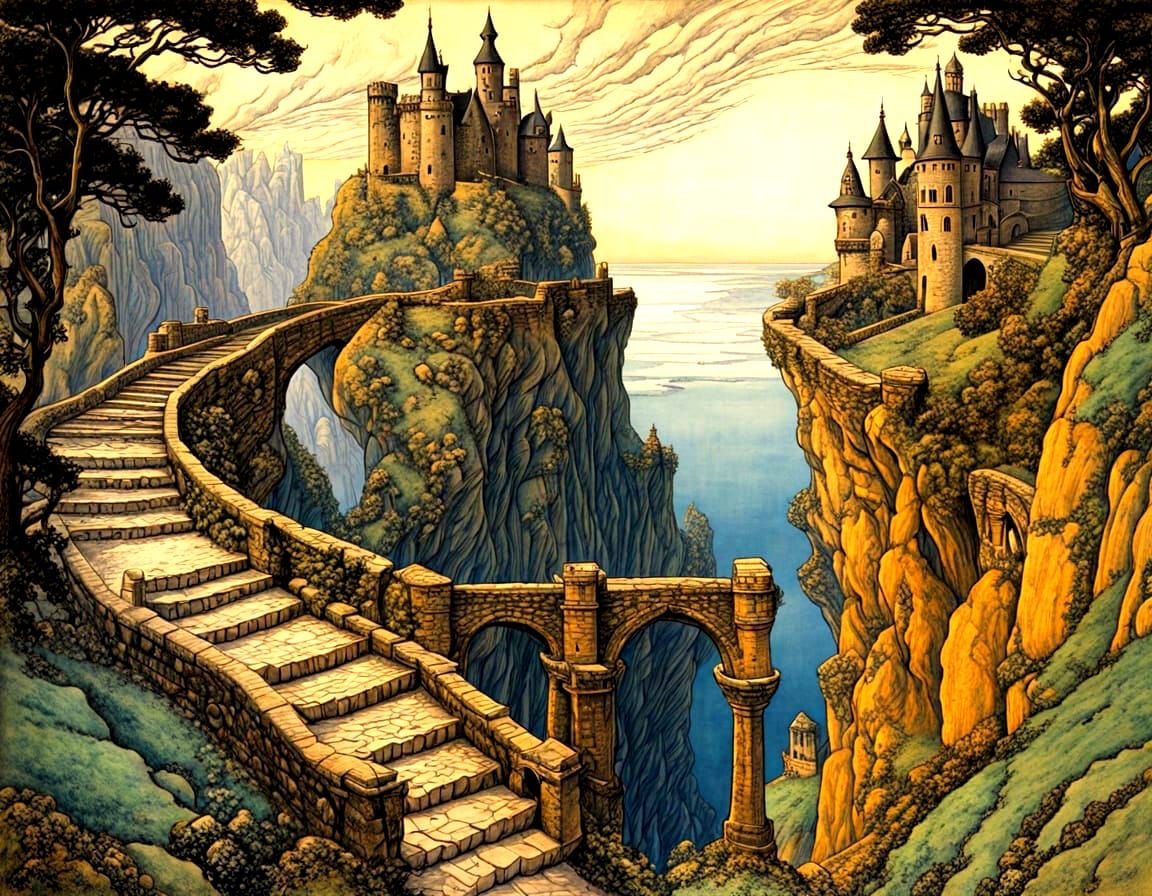 Fantasy landscape, cliffs at crazy angles, intense color, castle with ...