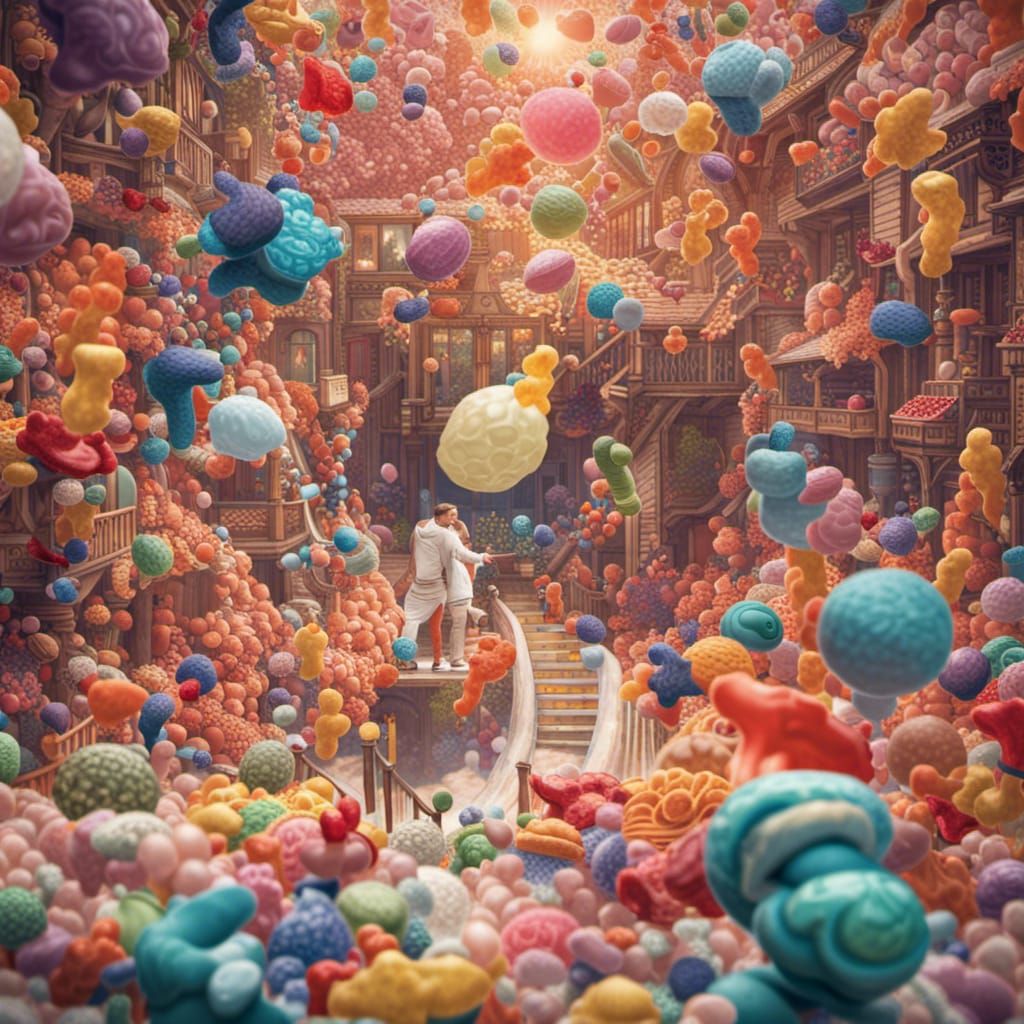 People playing in a magical candy store with playfull gummybears and ...