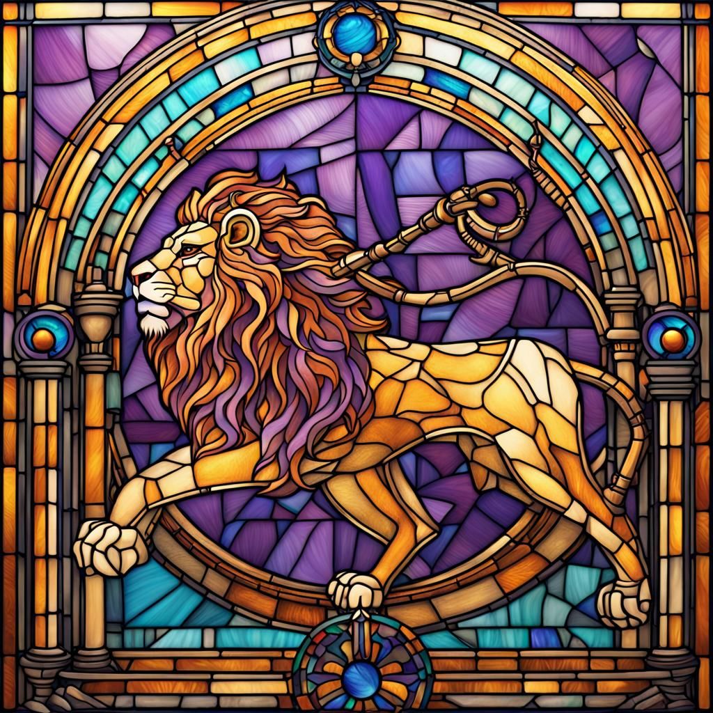Line Art Golden Chariot and Gorgeous Lion Stained Glass Window - AI ...