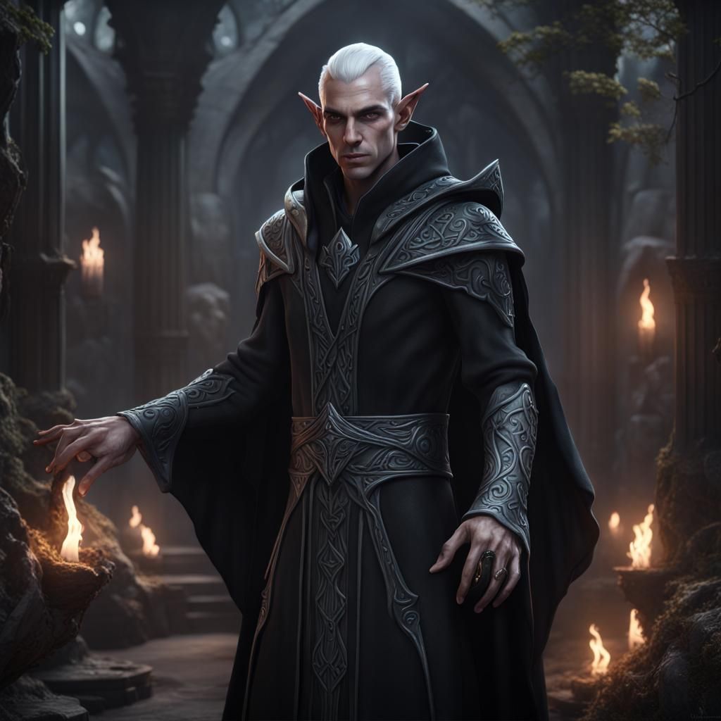 Necromancer Grey eyes Black robes Elf ears Human male - AI Generated ...
