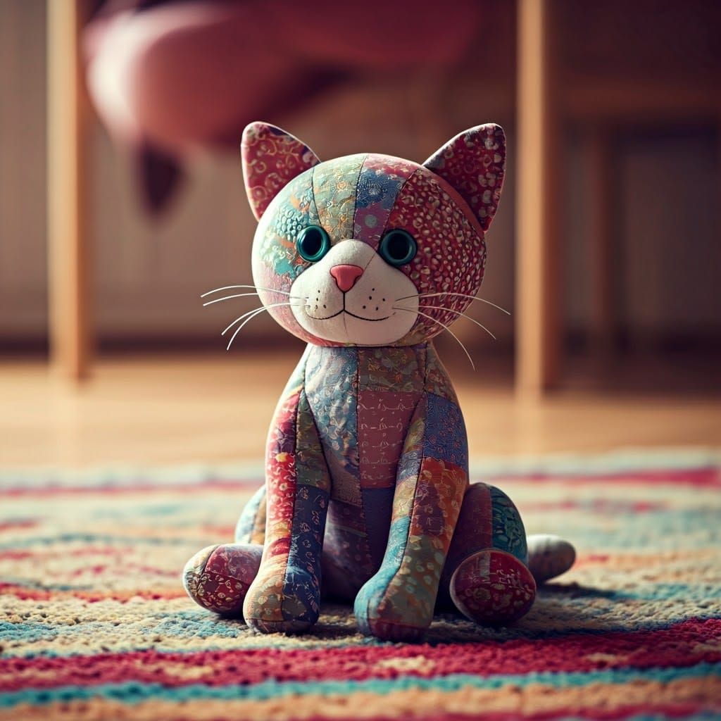Home-made toy - Vibrant Patchwork Toy Cat on a Cozy Rug