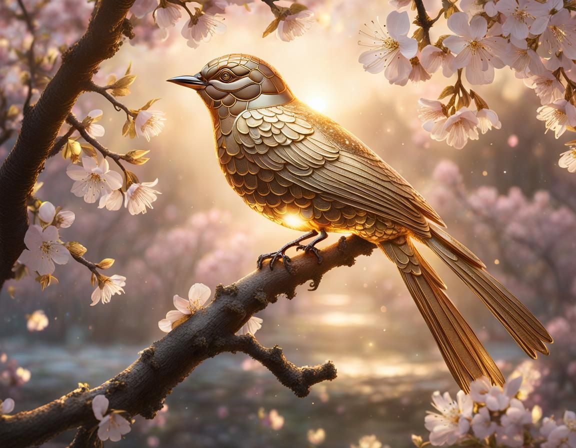 An image of a crystal bird covered in gold etching and diamonds ...