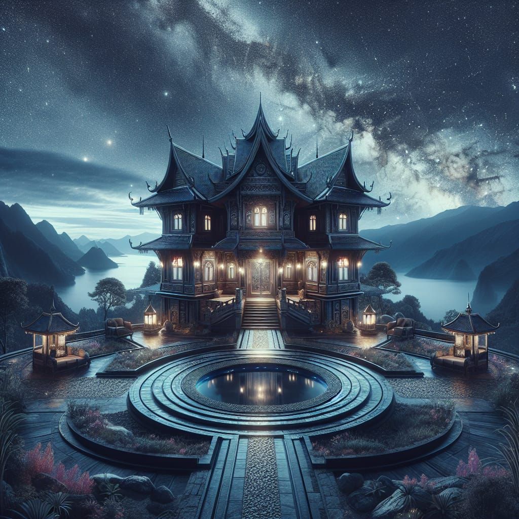 Surrealist painting of a house in outer space with a courtyard full of ...