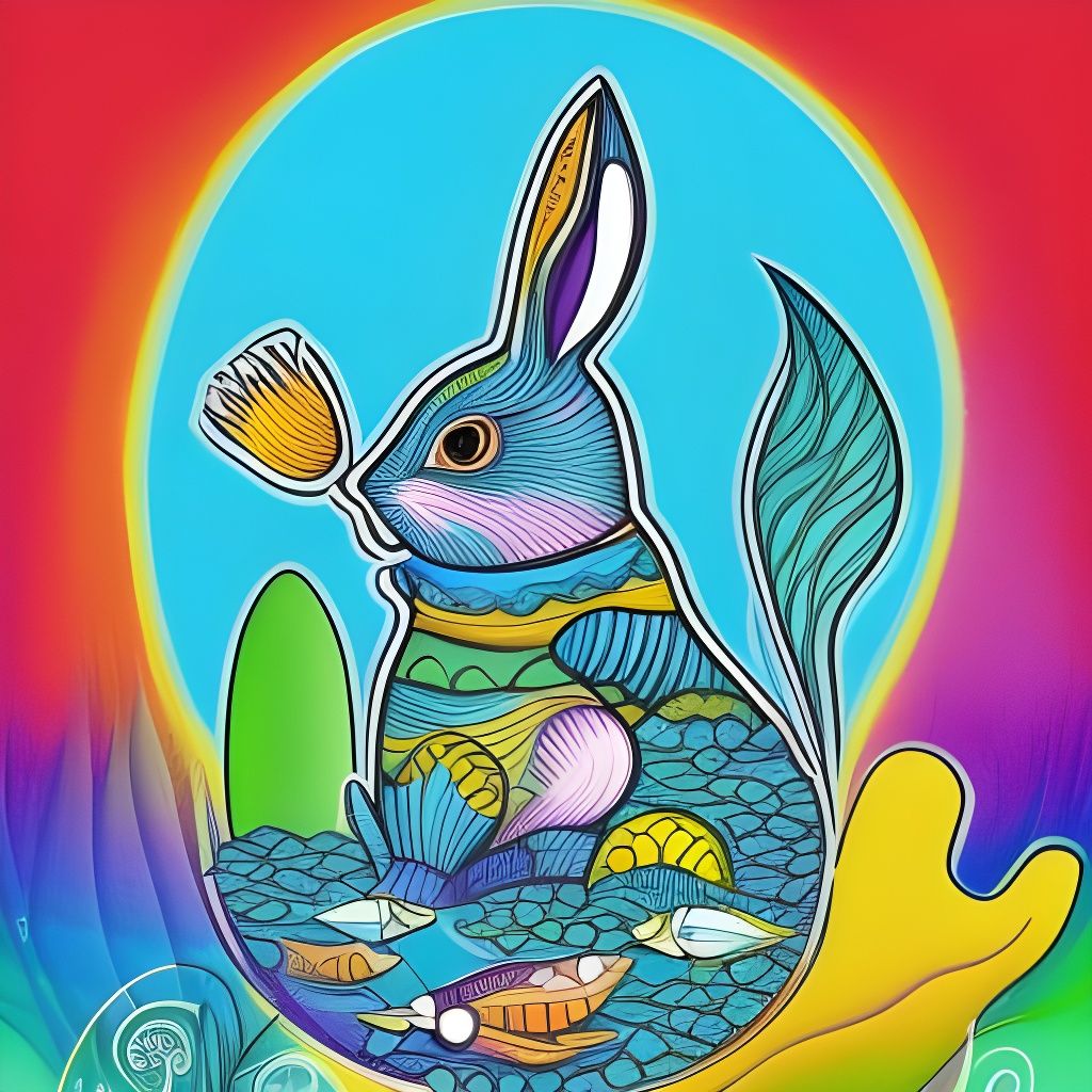 a vibrant and colorful illustration of a water rabbit surrounded by ...