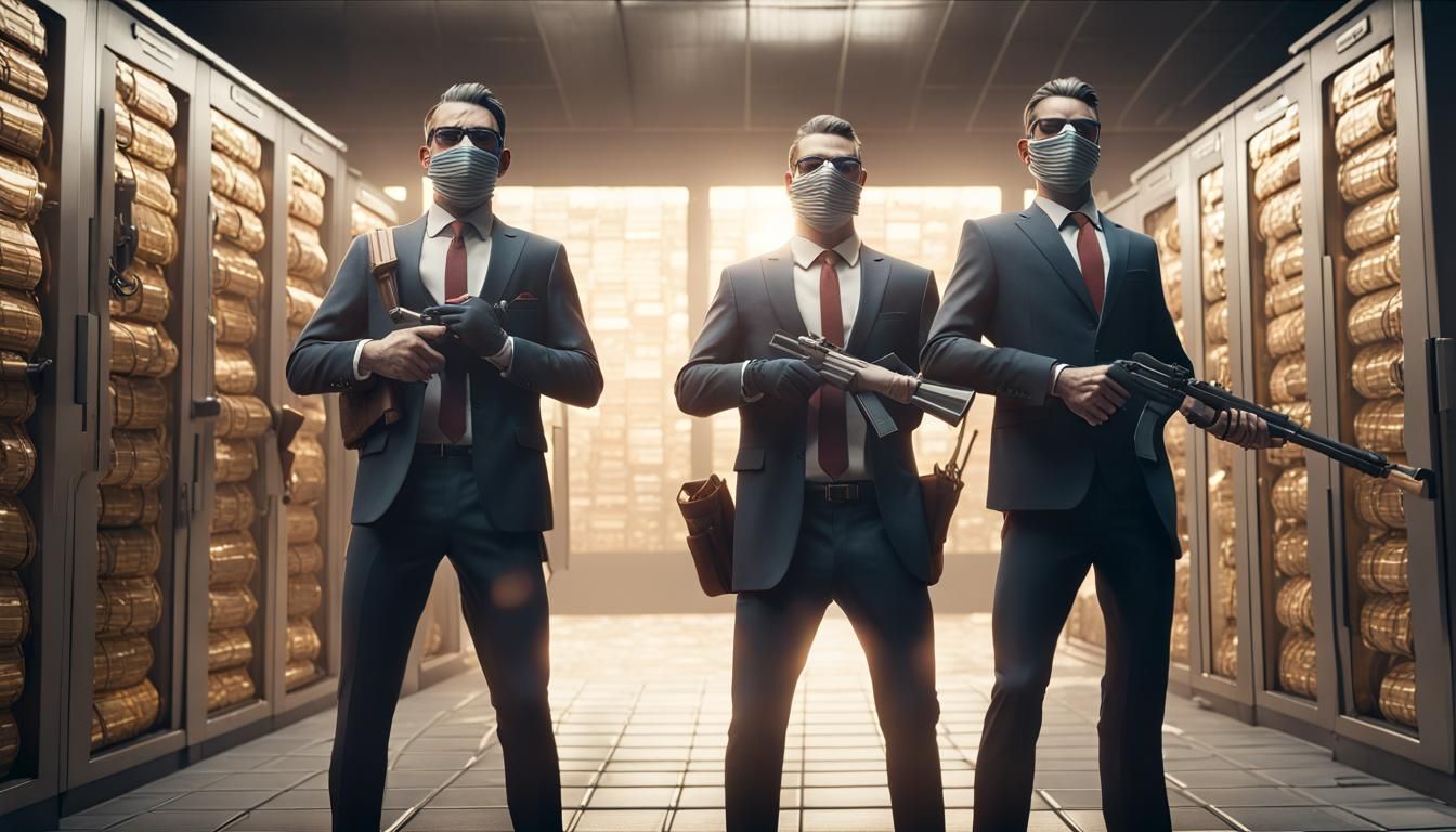 Portrait of three male in nice suits bank robbers with masks holding ...