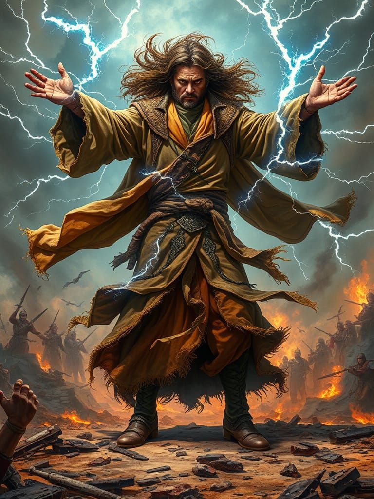 An action packed scene featuring a sorserer surrounded by swirling ...