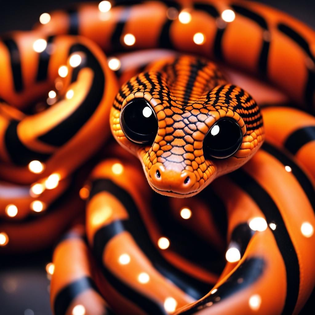 a whimsical little cute baby snake coiled up, raising her head. orange ...